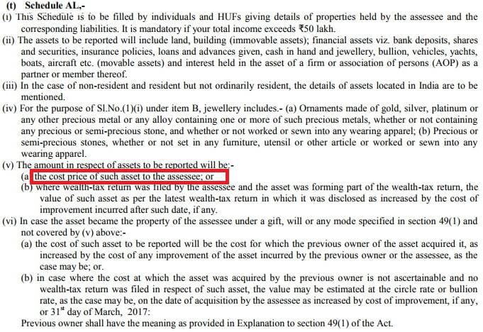 Itr schedule AL Cost of assets